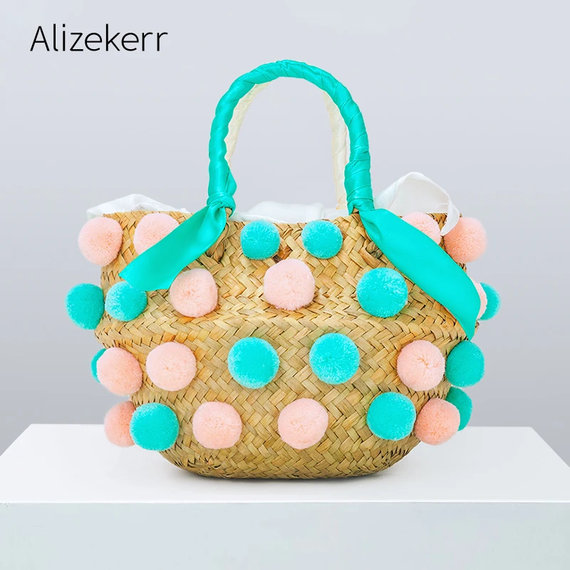 Round Pompoms Straw Bucket Bags For Women Summer Handmade Woven Large ...