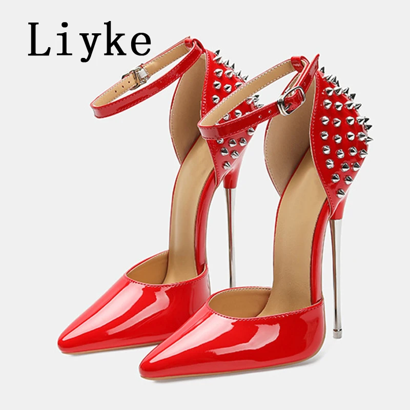 Liyke Women's Pumps Pointed Toe Patent Leather Thin High Heels Rivet ...
