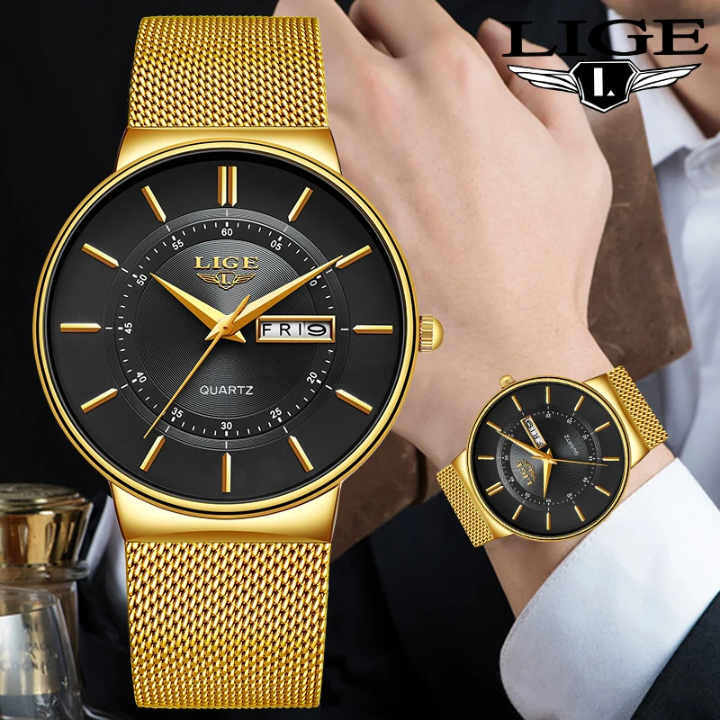 LIGE Fashion Casual Man Watch Top Brand Luxury Simple Stainless Mesh ...