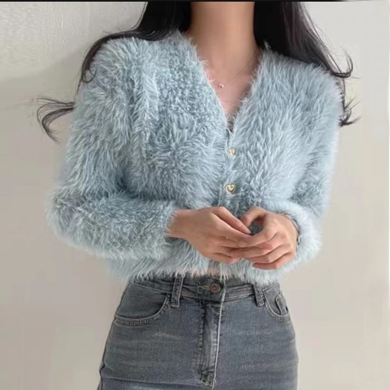 Fluffy Mohair Cardigan V-Neck Gold Button Up Fuzzy Sweater for Women ...