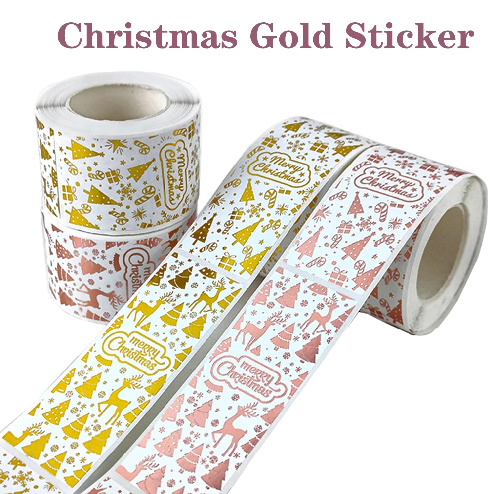 120pcs Rectangle Gold Foil Sticker Rose Gold Merry Christmas Stickers ...