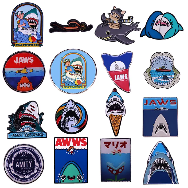 Jaws-Enamel-Pin-Swimming-Over-Shark-Mouth-Brooch-Classic-Horror-Movie ...