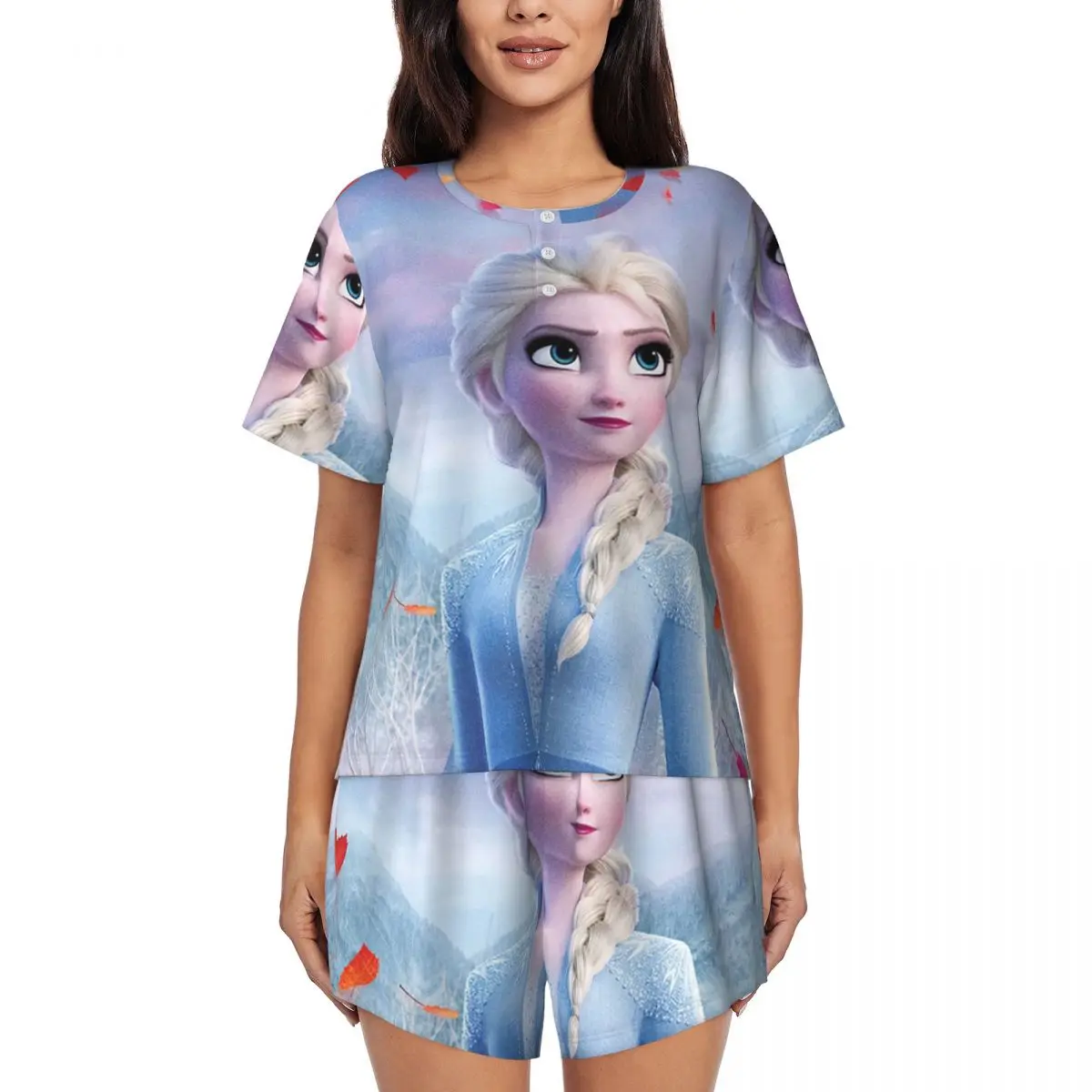 Custom-Printed-Women-Cartoon-Frozen-Pajamas-Set-Short-Sleeve-Animation ...