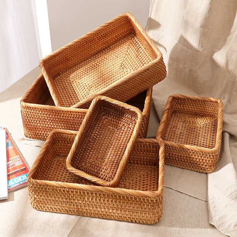 Handwoven-Rattan-Storage-Box-Rectangle-Wicker-Container-Bread-Fruit ...