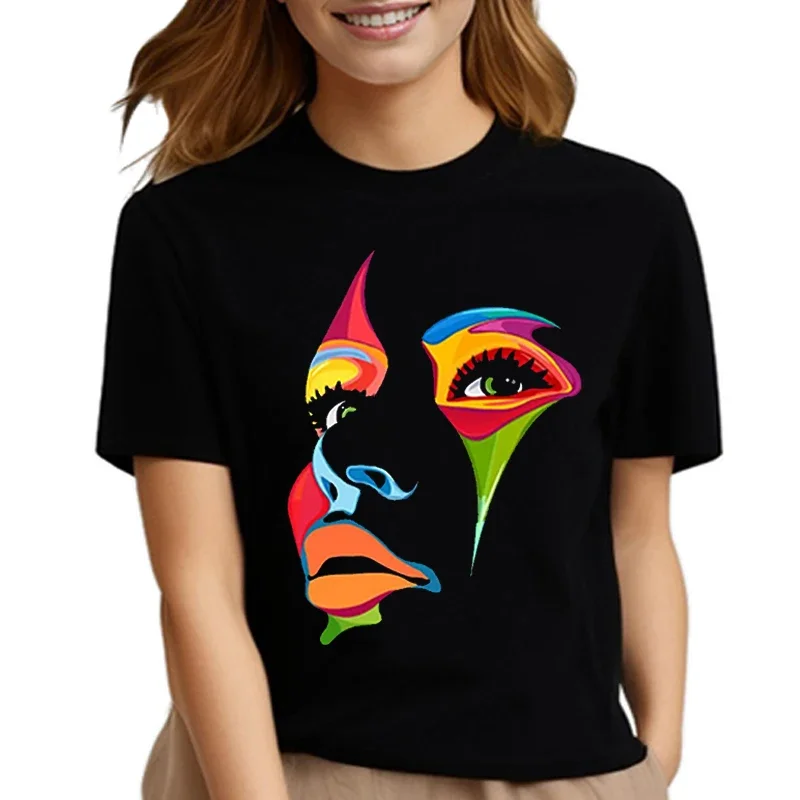 Colorful-Abstract-Art-Face-Print-Women-T-Shirt-Women-s-Casual-Crew-Neck ...