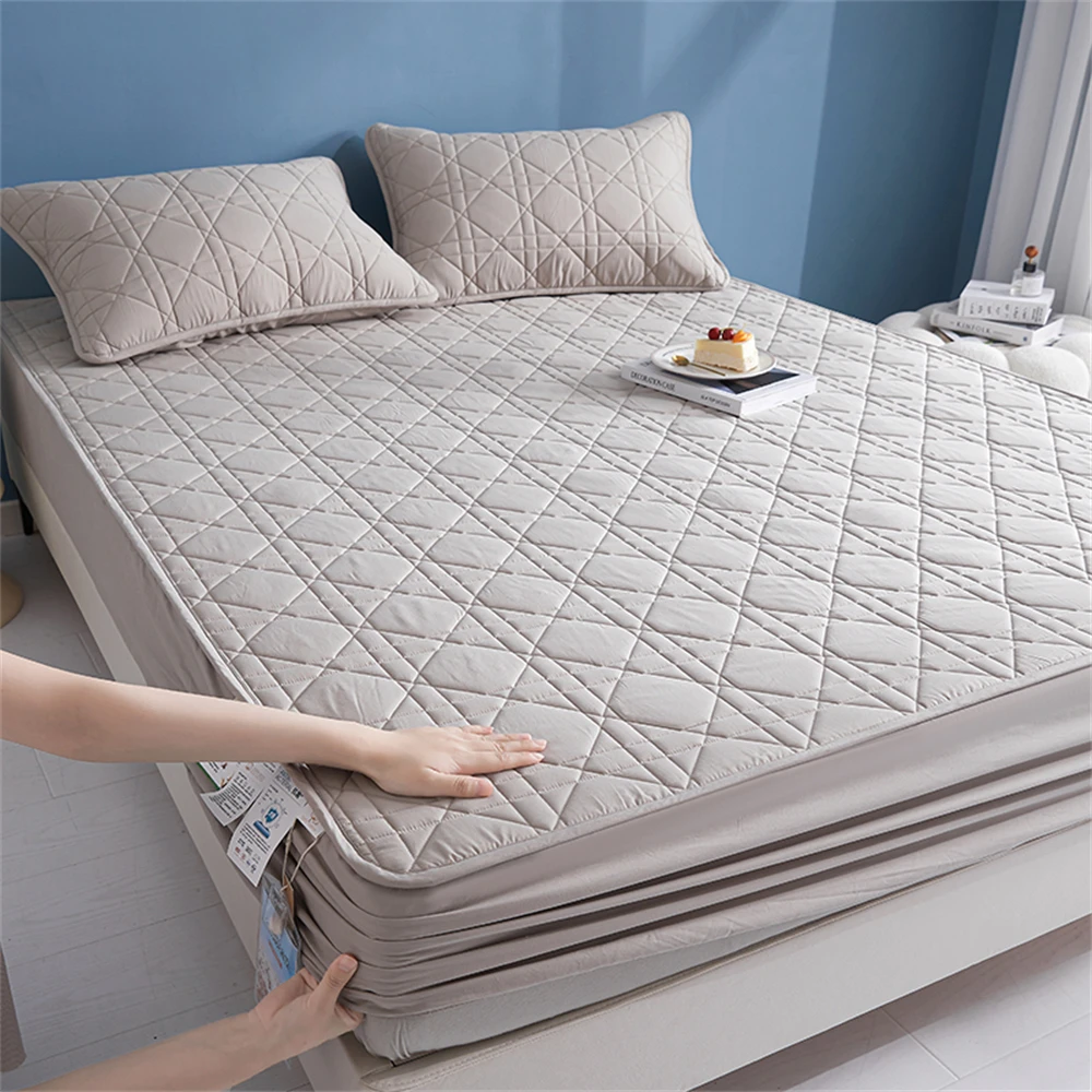 100-Cotton-Fitted-Sheet-Quilted-Mattress-Cover-Solid-Color-Home-Bed ...