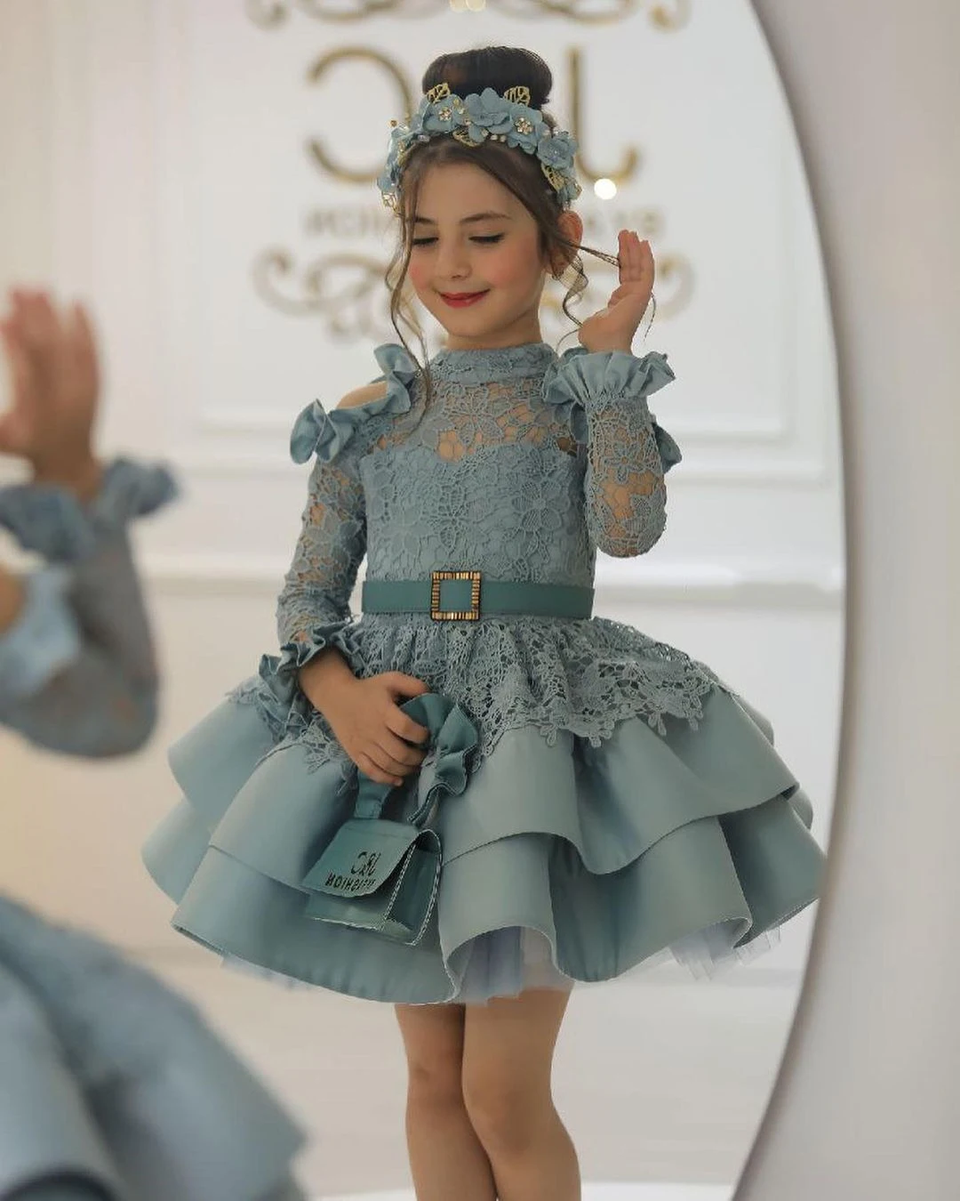 Kids-Communion-Girl-Princess-High-Neck-with-Lace-Sleeve-Corest-Fluffy ...