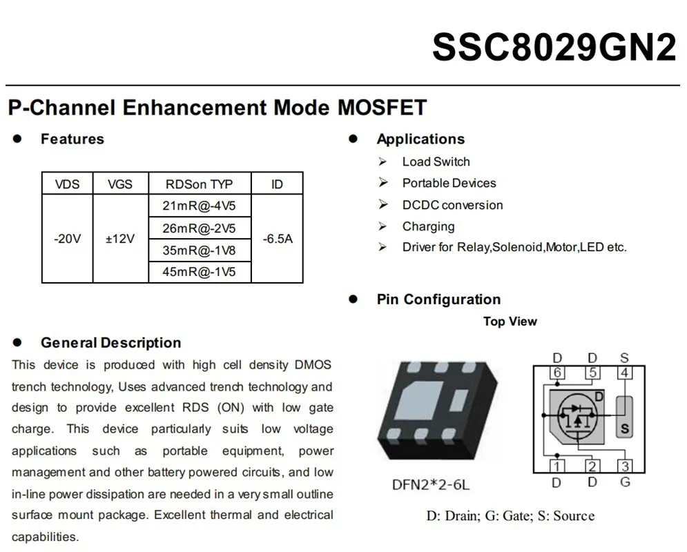 10PCS-SSC8029GN2-DFN2X2-6L-Marking-8029-P-Channel-Enhancement-Mode ...