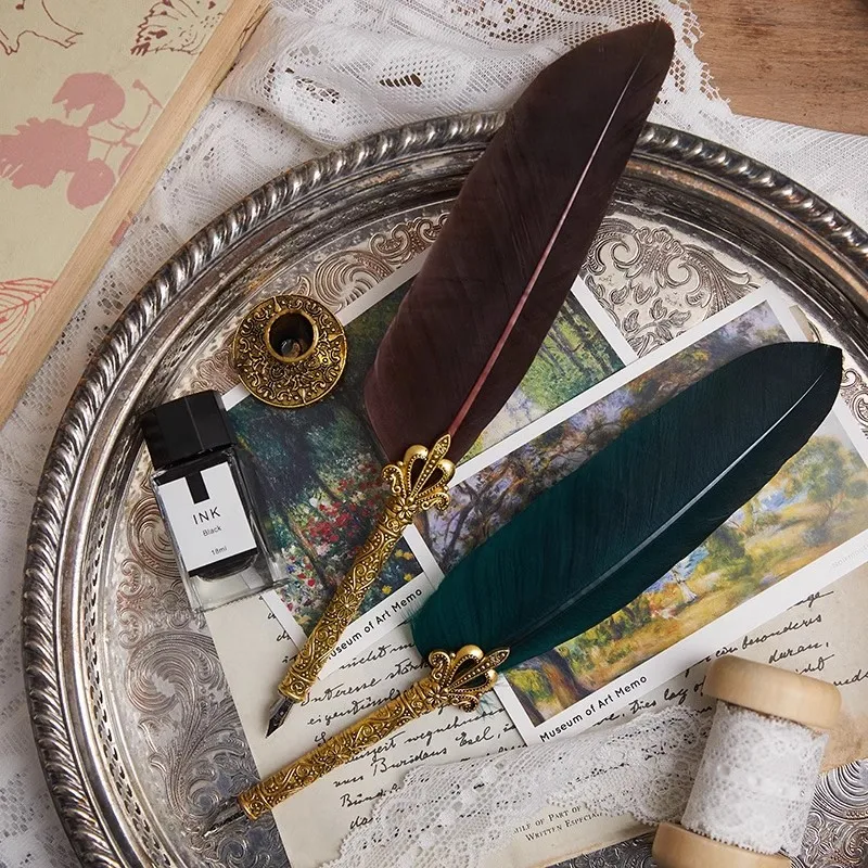 European-Vintage-Feather-Pen-Nib-Carved-Flower-Body-Round-Dip-Fountain ...