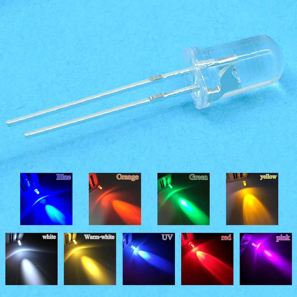 100X-F5-5mm-Round-White-Red-Green-Blue-Yellow-Pink-Water-Clear-Diode ...