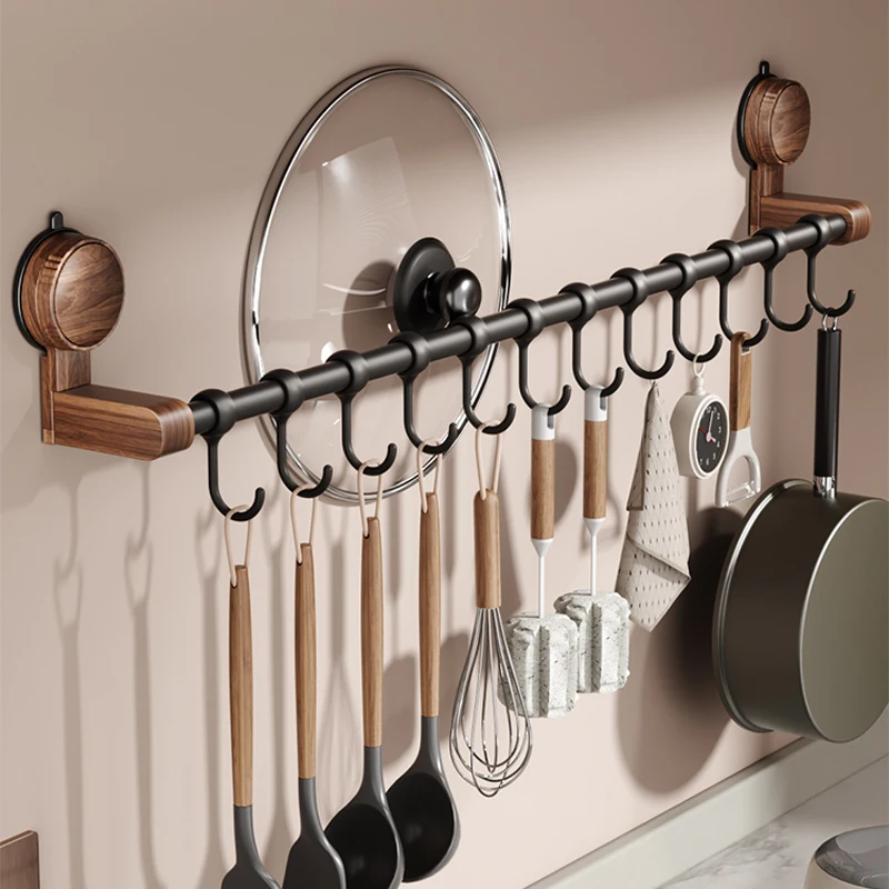 Walnut Suction Cup Kitchen Hooks Multi-Functional Utensil Rail Spatula ...