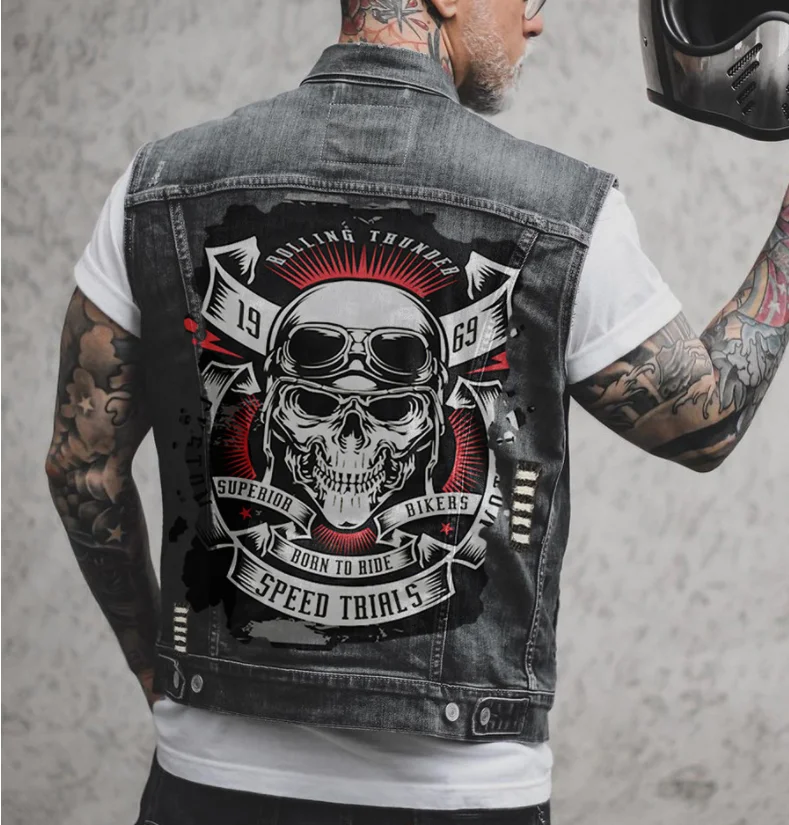 Mens Skull Print Motorcycle Biker Denim Vest Hole Ripped Cotton ...