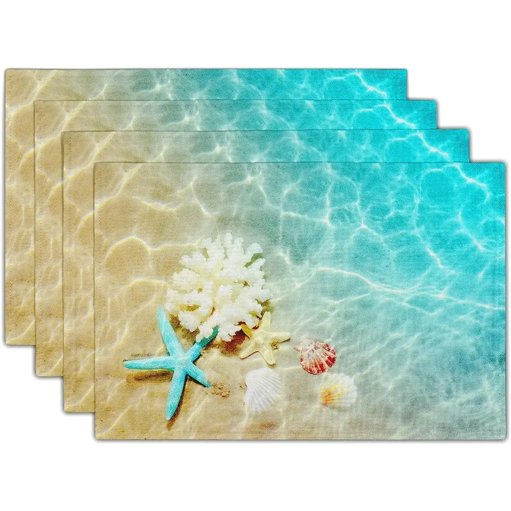 Ocean-Starfish-Placemats-Set-of-4-Nautical-Seashell-Coral-Coastal-Linen ...