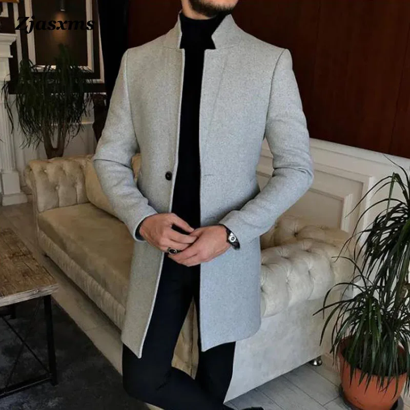 Men Stand Collar Mid-Length Jacket New Autumn Winter Long Sleeve ...