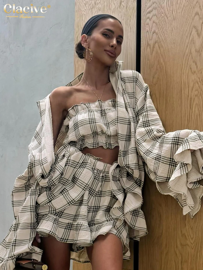 Clacive-Conjuntos-soltos-de-algod-o-xadrez-para-mulheres-camisa-de ...