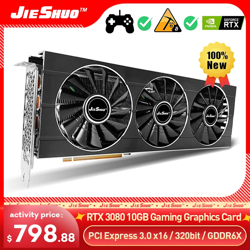 JIESHUO tarjeta gráfica RTX 3080, 10GB, sin LHR GDDR6X, 320BIT, para juegos de ordenador ...