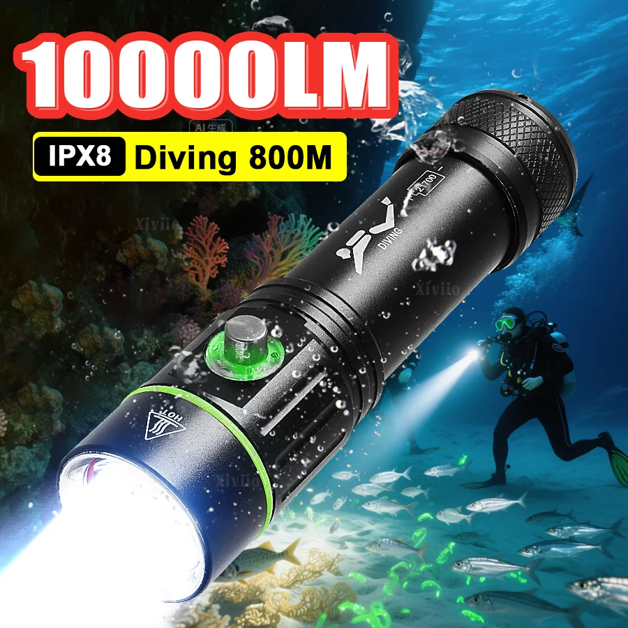 Professional LED Diving Flashlight 10000LM Tactical Torch IPX8 ...