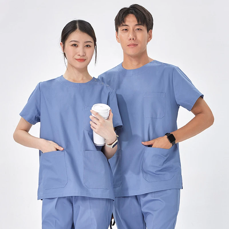 Shoulder-Snap-Scrub-Set-Medical-Uniforms-Nurse-for-Women-Men-Round-Neck ...