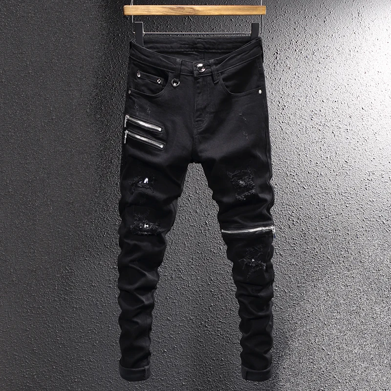 Streetwear Fashion Men Jeans Black Elastic Slim Fit Destroyed Ripped ...