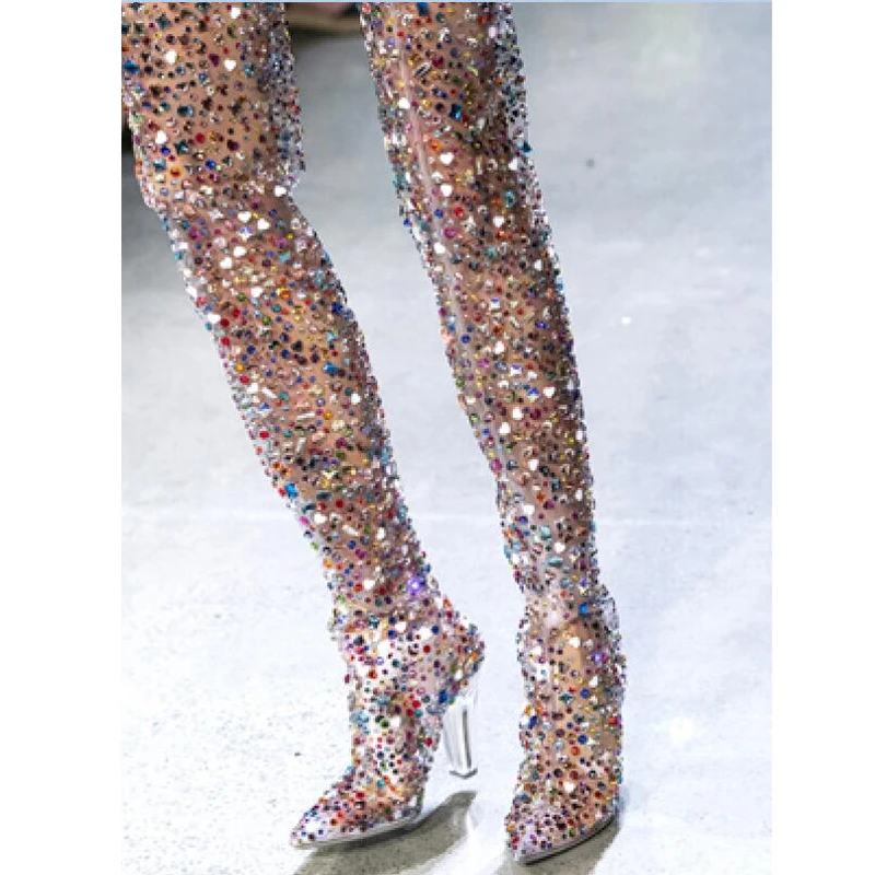 Luxury Clear PVC Colorful Rhinestone Thigh High Boots Transparent ...