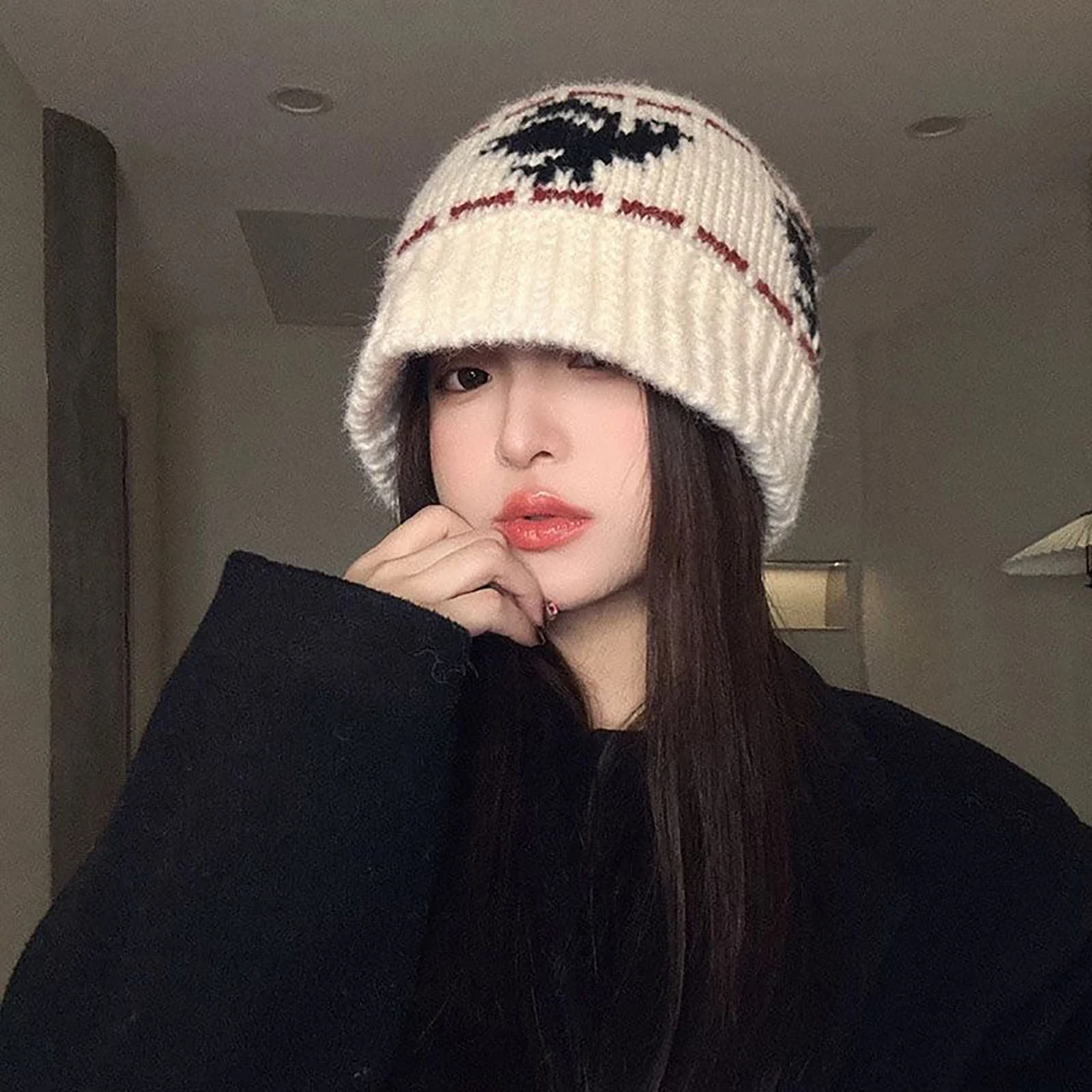 Vintage Knitted Hat for Women Autumn Winter Thickened Bucket Cap Lady ...