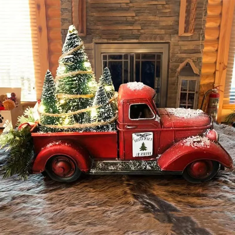 Christmas Retro Red Truck Ornaments Metal Car With Mini Green Tree And ...