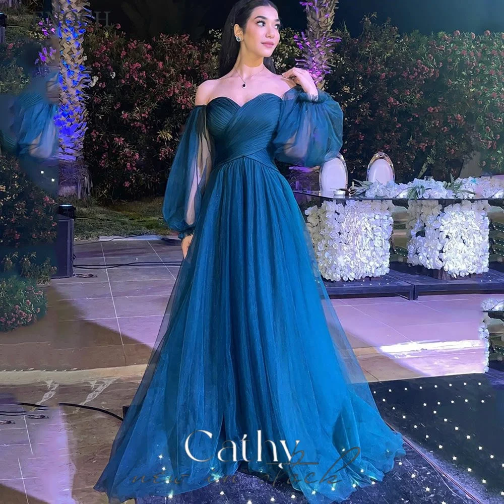 Cathy Blue Off the Shoulder Prom Dresses Sweetheart Puffy Sleeves ...