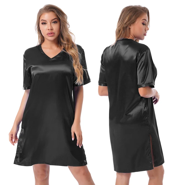 Womens Satin Nightgown Short Sleeve V Neck Satin Night Shirt Nightdress ...