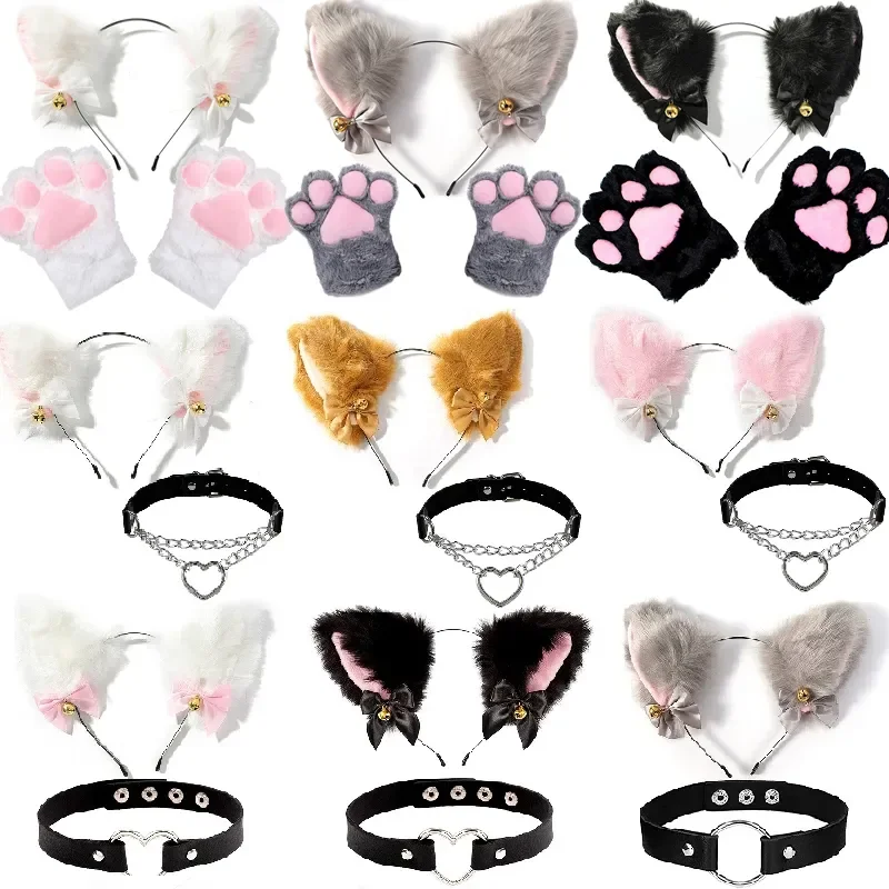 Cat-Ear-Bow-Headband-Necklace-Cat-Claw-Gloves-Cosplay-Plush-Bell ...