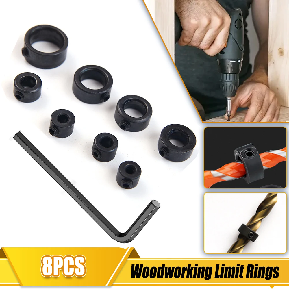 8Pcs-Drill-Depth-Stop-Bit-Collar-Set-Adjustable-Positioner-Limit-Ring ...