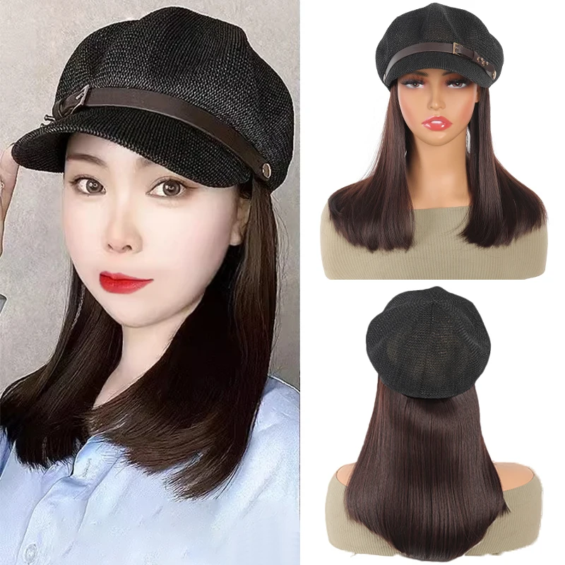Summer-Octagonal-Cap-Hair-Short-Straight-Wig-Synthetic-Hair-Adjustable ...
