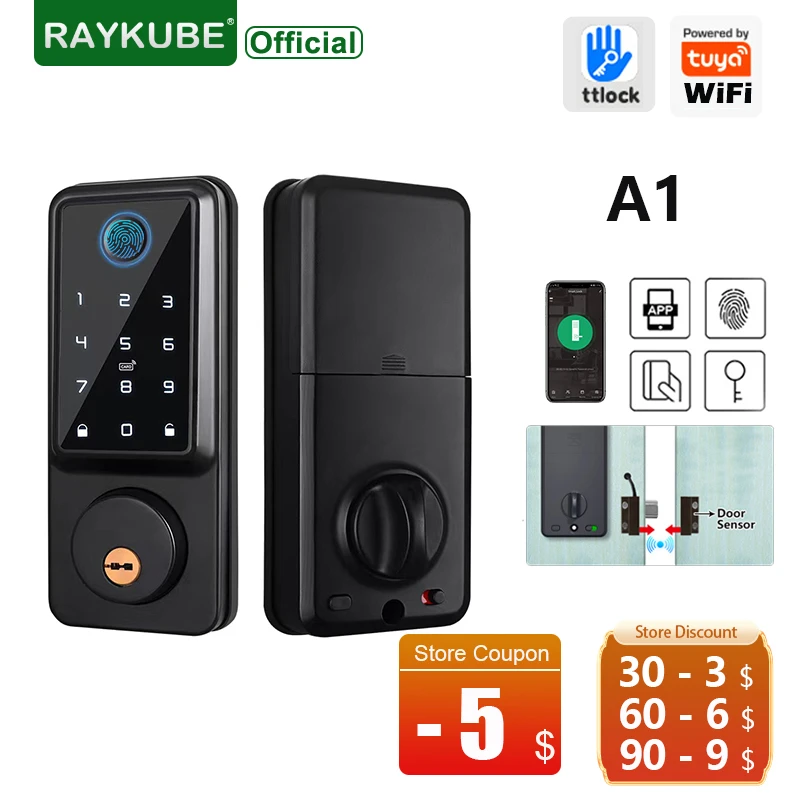 RAYKUBE A1 TT Lock/ Tuya WiFi Auto Fingerprint Deadbolt Smart Door Lock ...