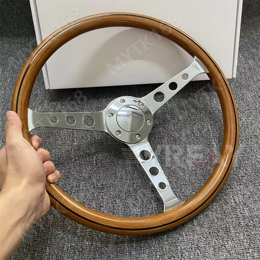 Real-wood-Universal-380mm-15-Classic-Wooden-Steering-Wheel-Chrome ...