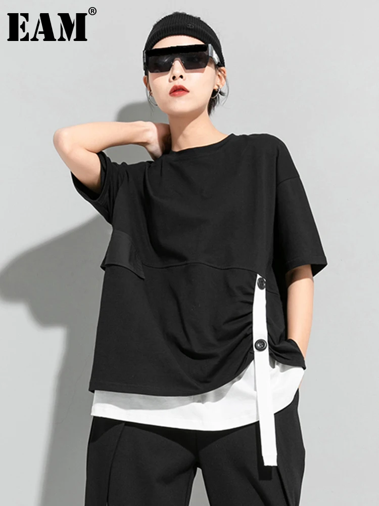 EAM-Women-Black-Contrast-Color-Irregular-Big-Size-T-shirt-New-Round ...