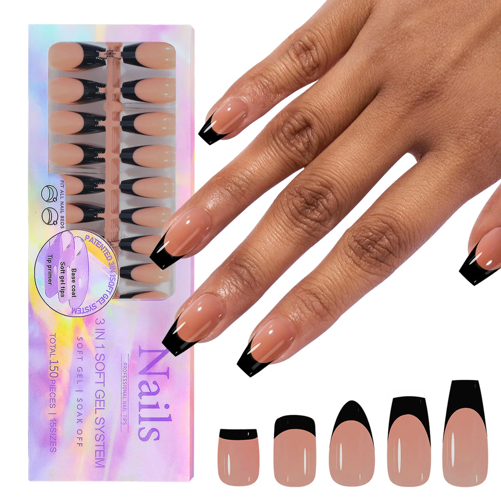 150Pcs-Box-French-False-Nails-Scarless-Removable-Coffin-Almond-Fake ...