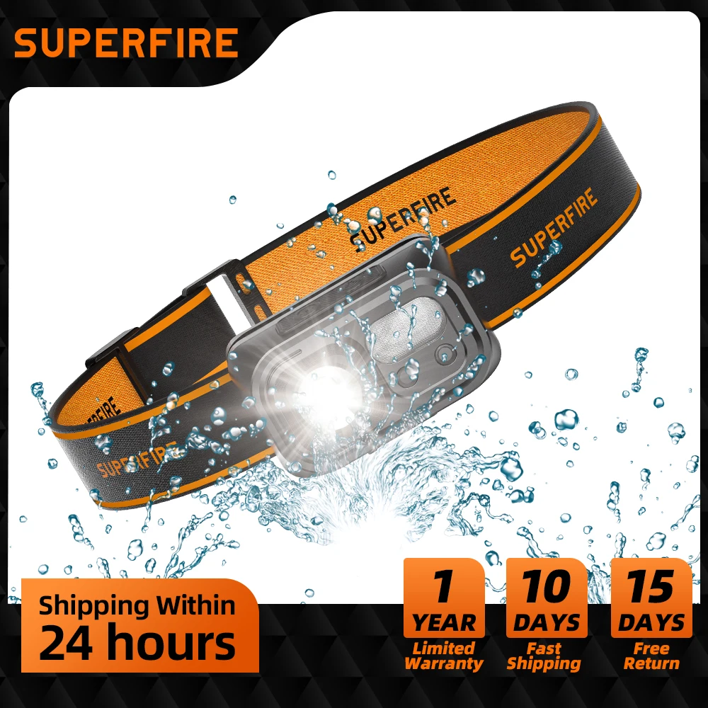 SUPERFIRE Mini Rechargeable Powerful Headlamp Hiking Camping USB C Head Light LED Sensor ...