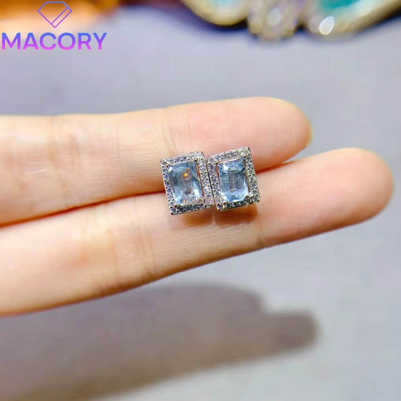 New Natural Aquamarine Stud Earrings for Women, 925 Sterling Silver ...