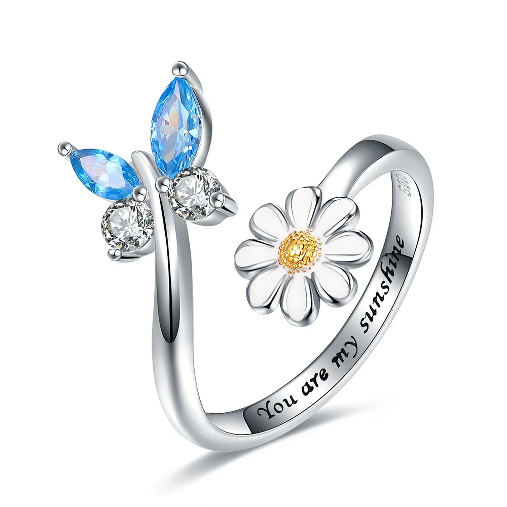 925-sterling-silver Open Adjustable Blue Butterfly With Clear Zircon ...