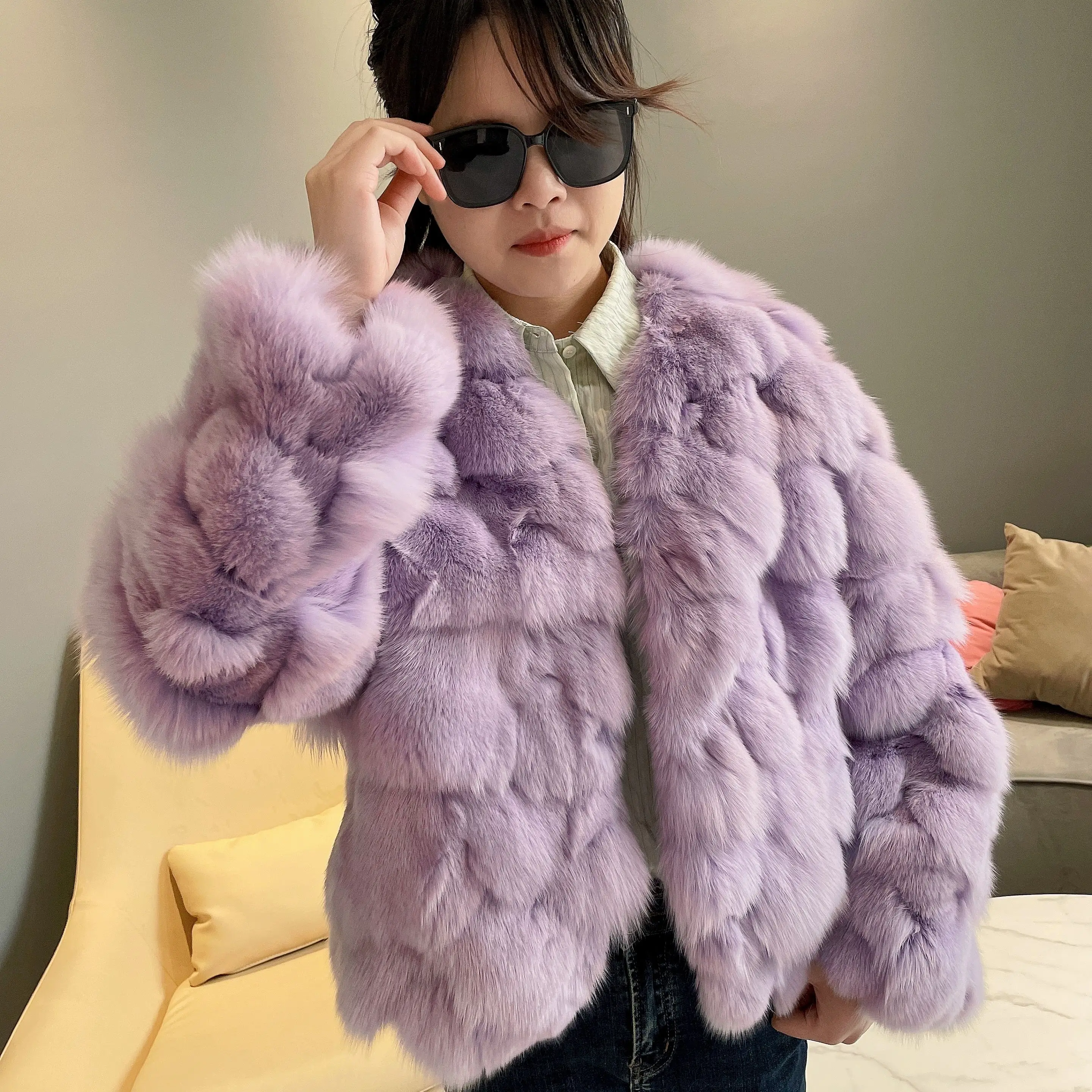 Women V-neck Fox Fur Coat Winter Long Sleeve Natural Luxury Jackets ...