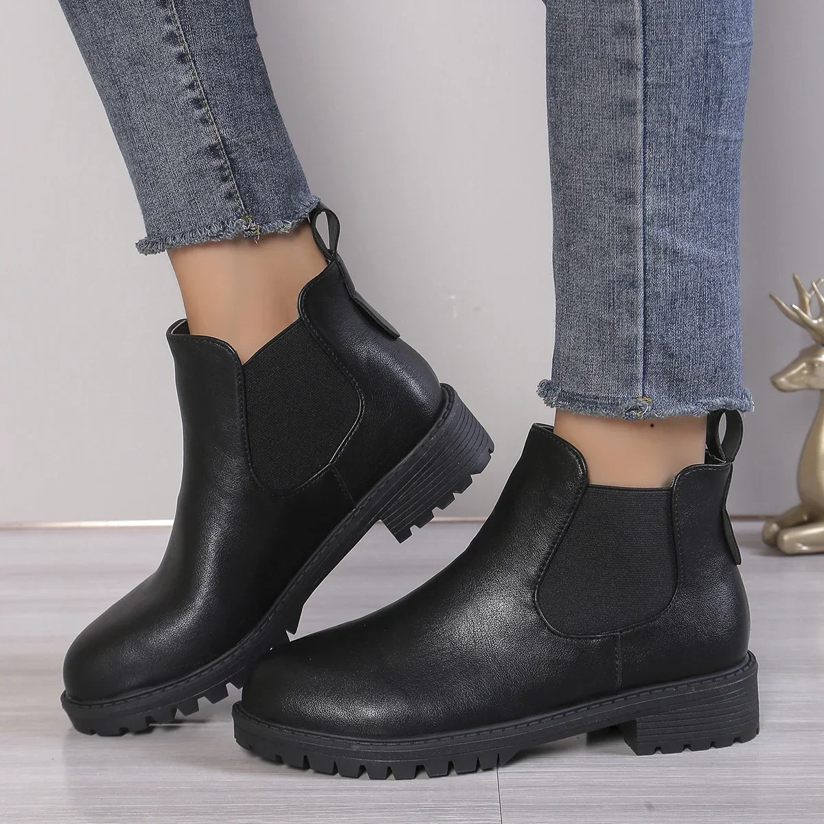 Women's Casual Chelsea Ankle Boots Round Toe Black PU Leather Short ...
