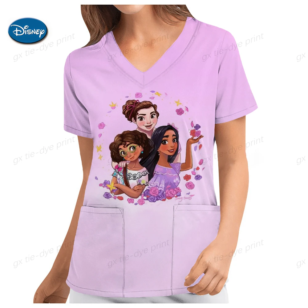 Disney-Princess-Print-Nursing-Scrubs-T-Shirt-Tops-Casual-Short-Sleeve-V ...