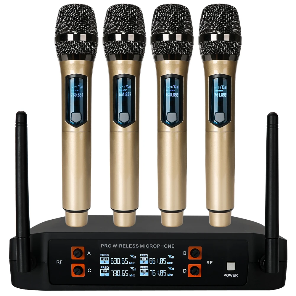 Sistema de Microfone Sem Fio UHF, 4 Canais, 4 Handheld, Mic Dinâmico ...