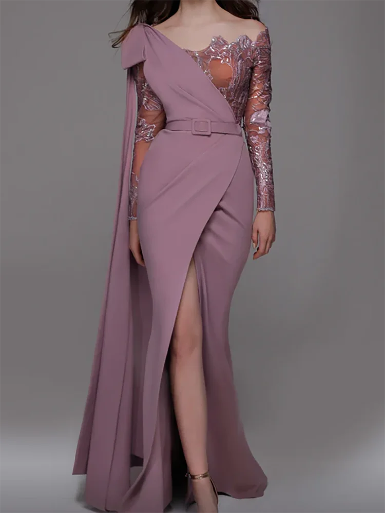 Elegant O-Neck Appliques Full Sleeve Sashes Formal Evening Dresses ...