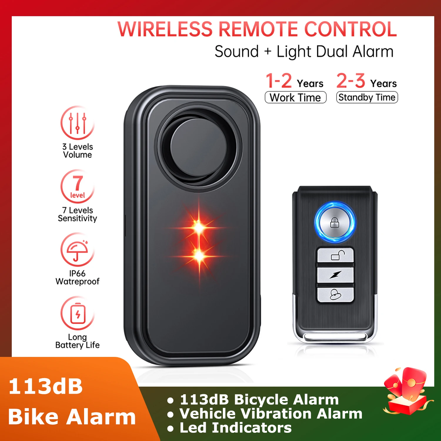 113dB Anti-theft Bicycle Alarm With Flashing Light IP66 Waterproof Bike ...