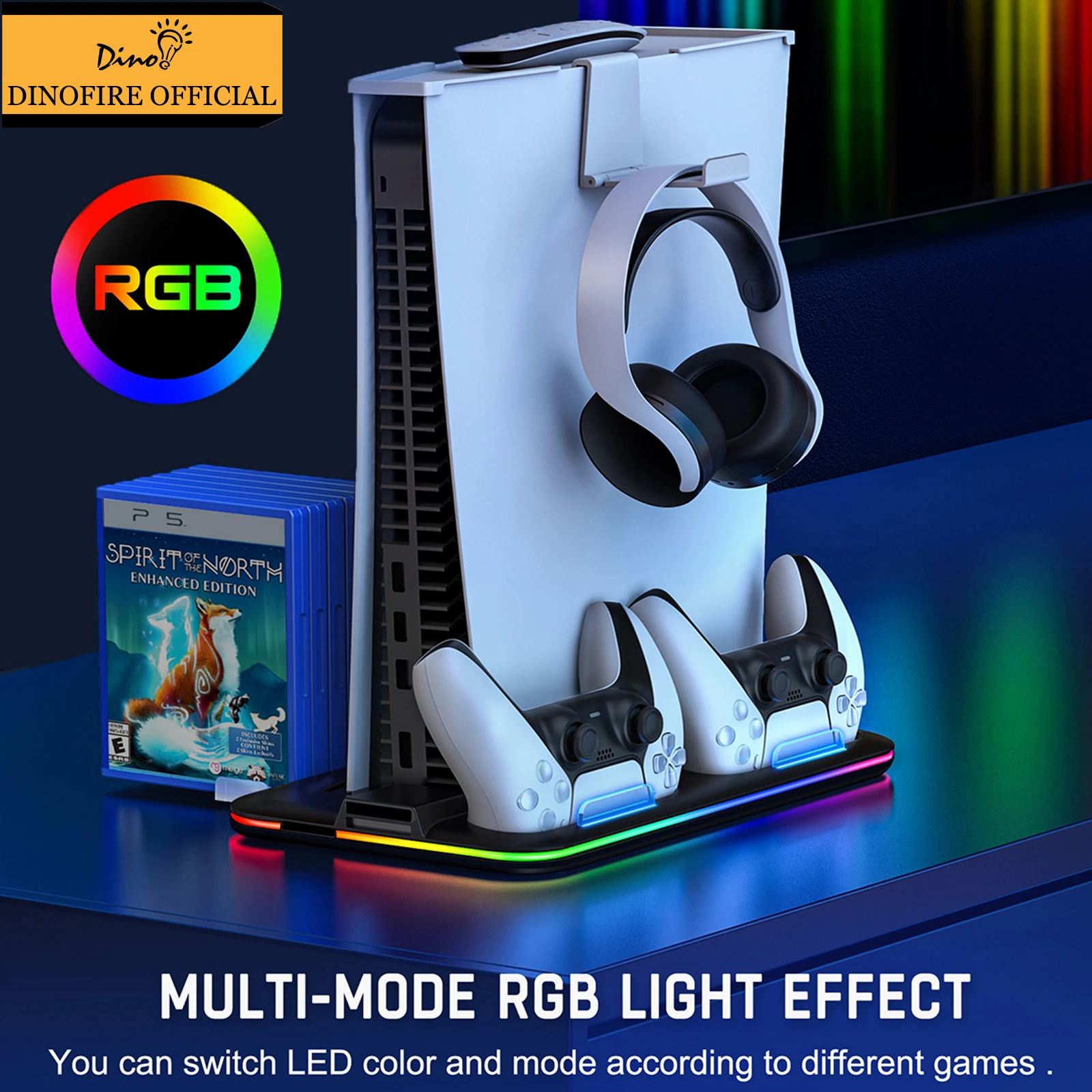 Dinofire Gaming Accessories For PS5 Stand Cooling Station with RGB Light Cooling Fan Dual ...