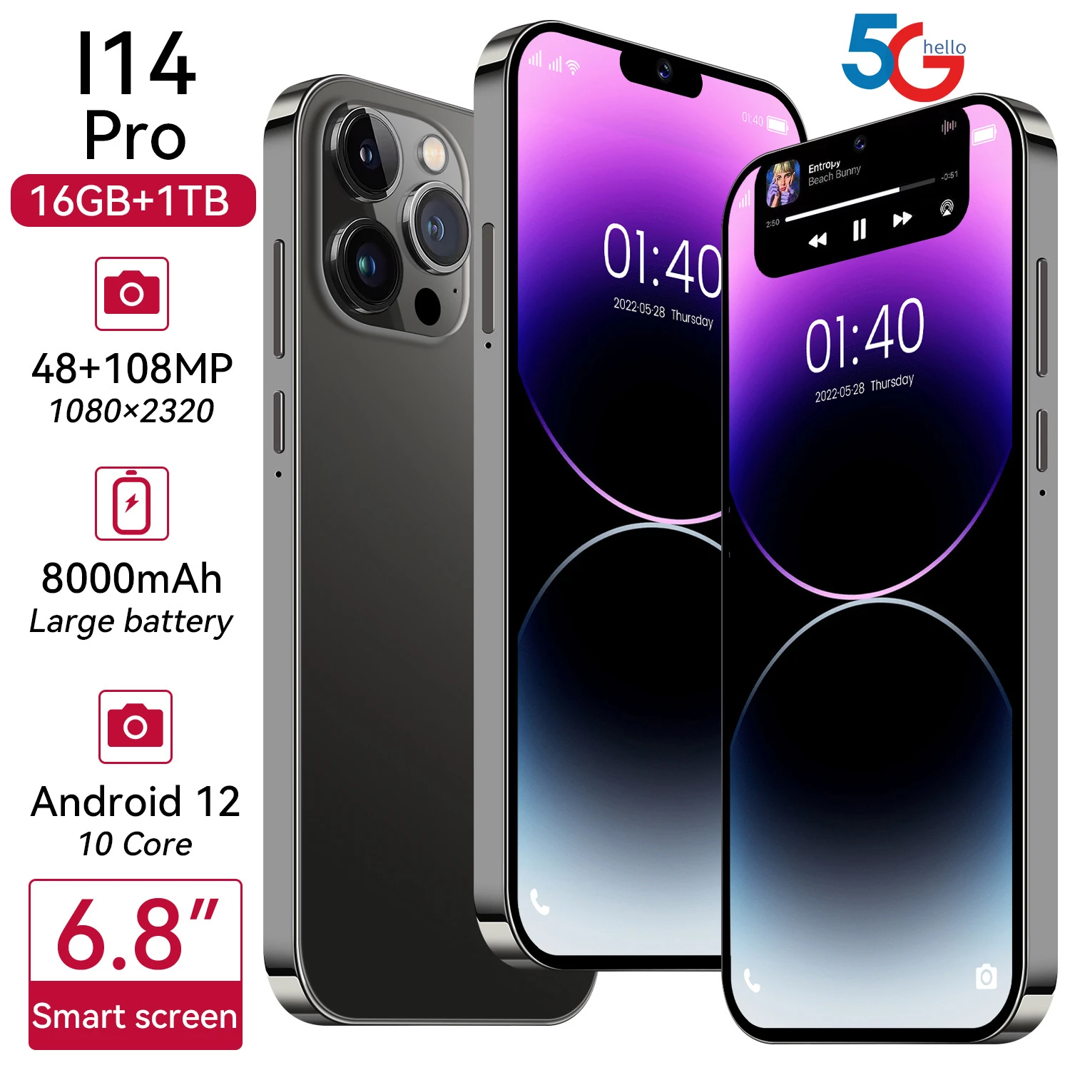 Tela Cheia i14 Pro Max Smartphone 6.8 polegadas 8000mah 16GB + 1TB Android 12 Celulares 108MP ...