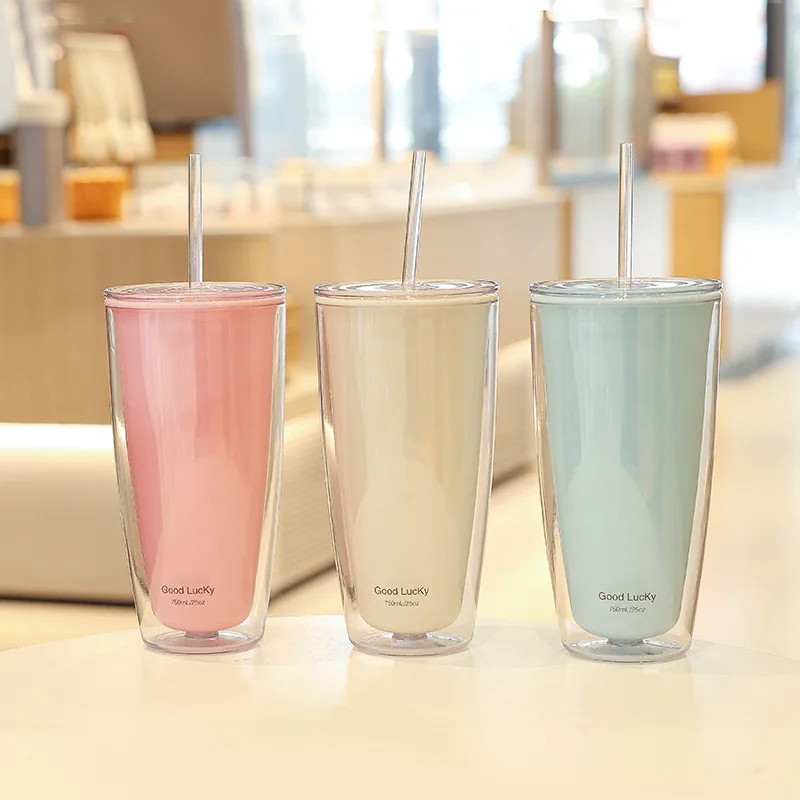 750ml-Double-Layer-Plastic-Water-Cup-with-Lids-Straw-Cold-Juice-Tea ...