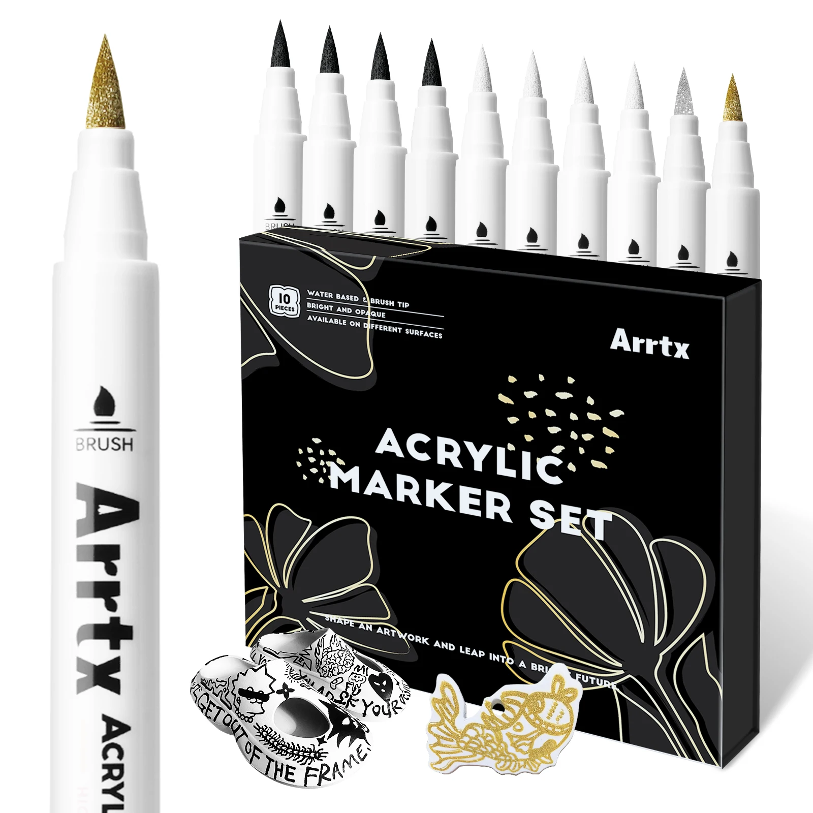 Arrtx-Acrylic-Paint-Pens-10-Pack-4-Black-4-White-1-Golden-1-Silver ...