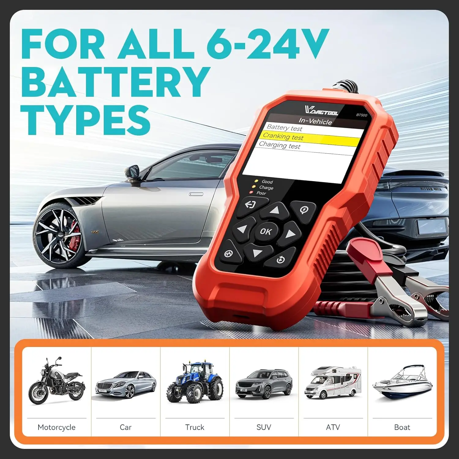 BT500 Car Battery Analyzer – 12V/24V 5–3000 CCA Test Tool