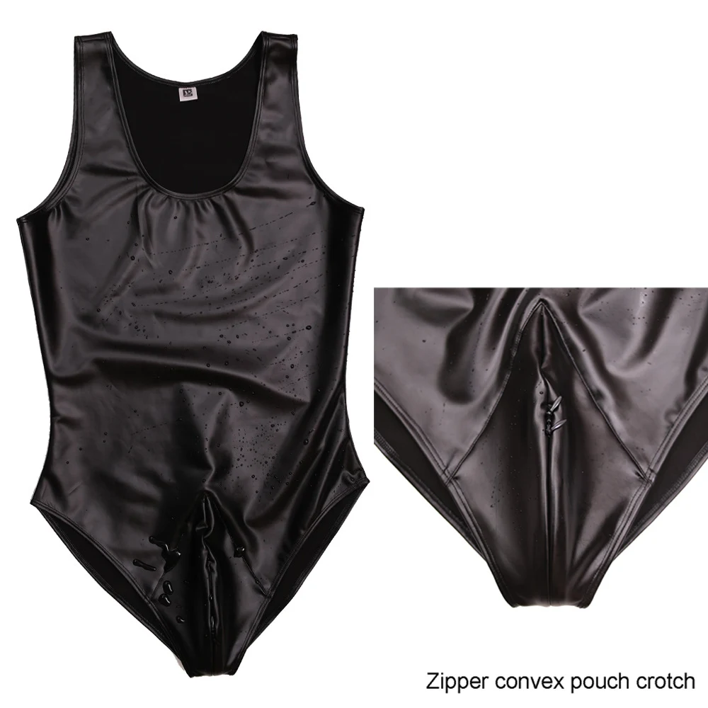 Faux Latex PU Leder Zipper Öffnen Gabelung Bodysuit Ärmel Turnhalle ...